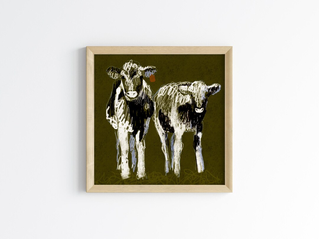 Two Cows Art Print, Dark Olive Green Wall Art, Square Small Animal ...