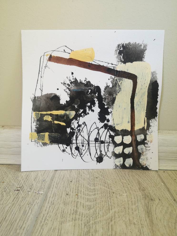 Small Mini Original Abstract Painting on Paper Monochrome - Etsy