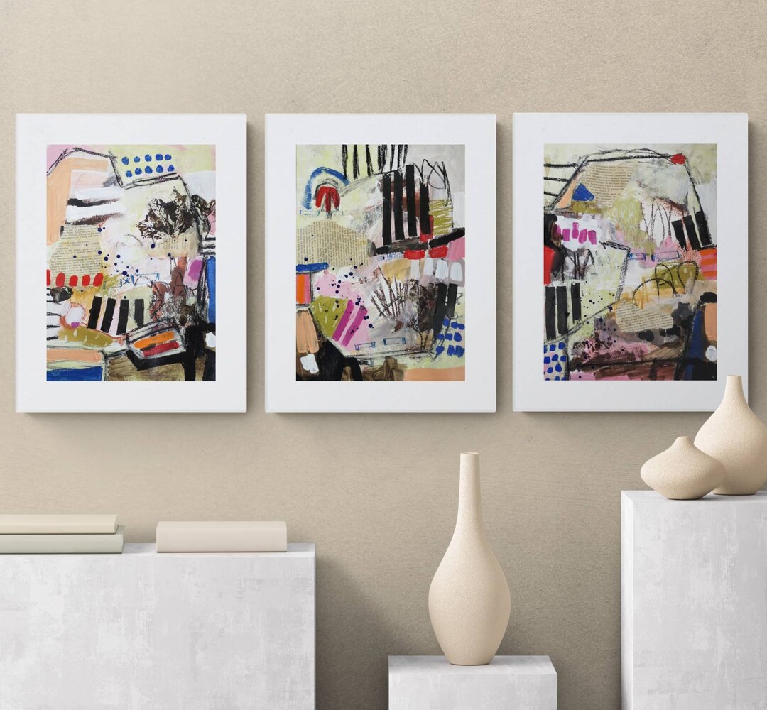 Original Triptych Abstract Paintings on Watercolor Paper, Modern Abstract, Fall Wall Decor ...