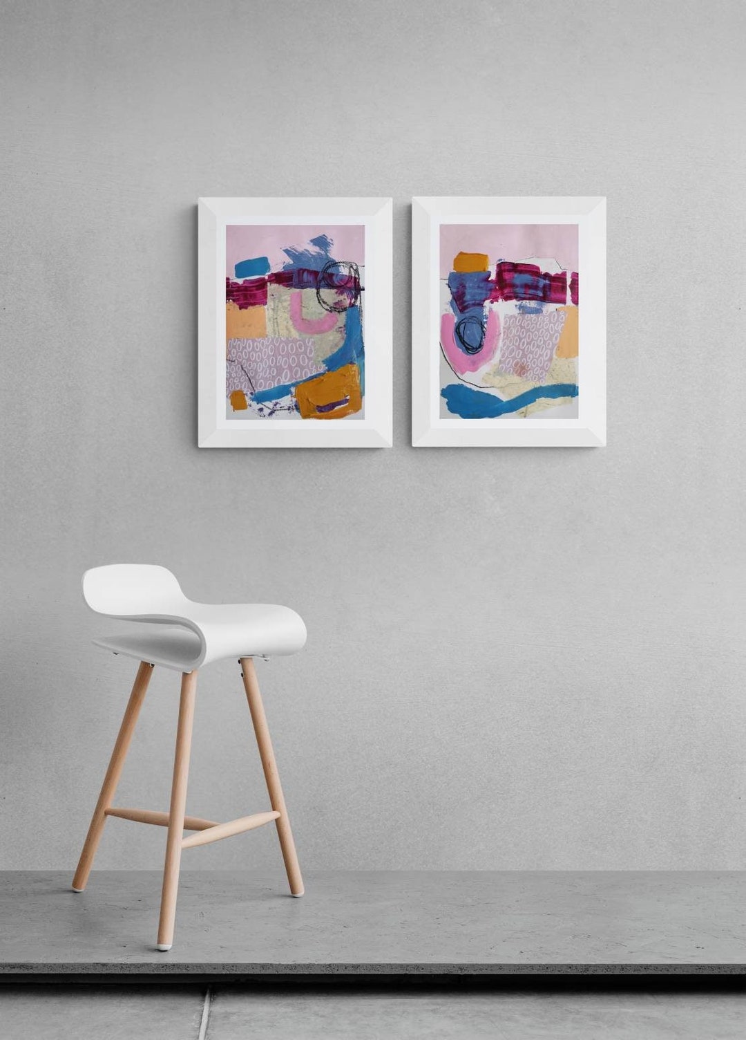 Original Small Modern Diptych Acrylic Abstract Paintings on Watercolor ...
