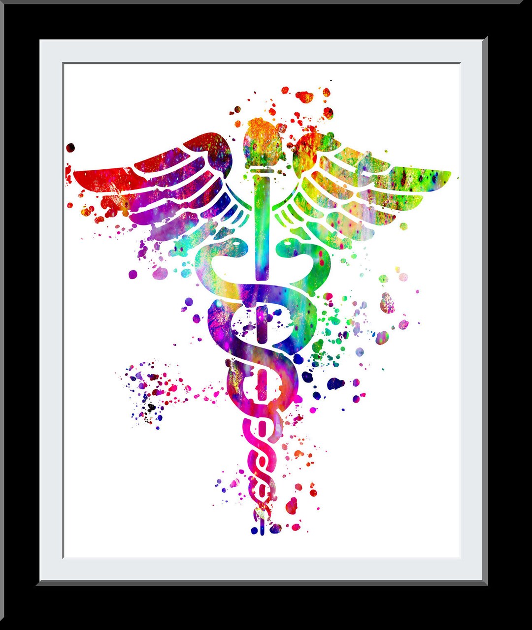 Caduceus Vibrant Watercolor Art Hospital Decor Medical Office Waiting ...