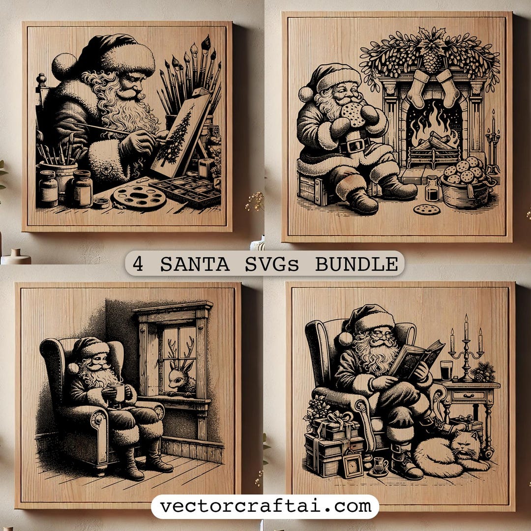4 Santa SVG BUNDLE, Artistic Christmas Laser Wood Engraving File by ...