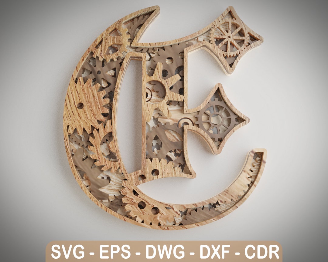 Layered Letter E - Steam Punk Alphabet Gears - Wall Art - SVG,DXF,DWG ...