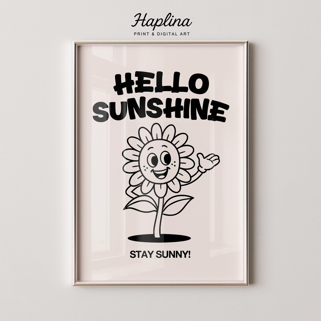 Hello Sunshine Wall Art, Sunflower Line Drawing, Cute Botanical Poster ...