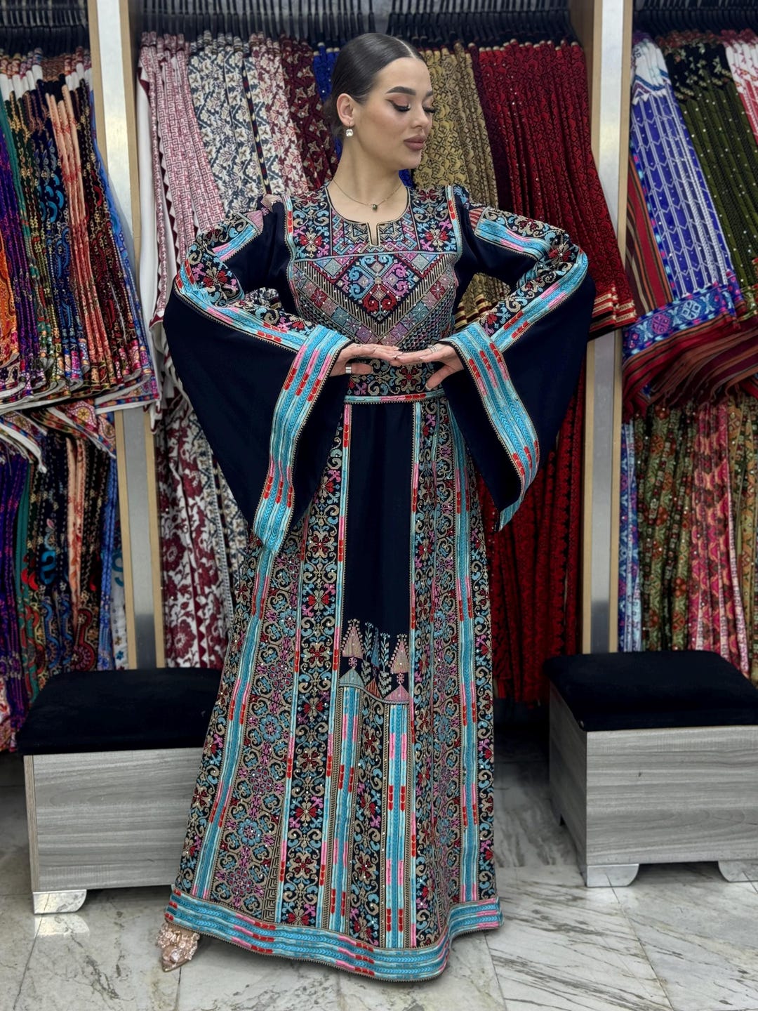 Princess Thobe Embroidered Palestinian Maxi Dress Long Sleeves Kaftan ...