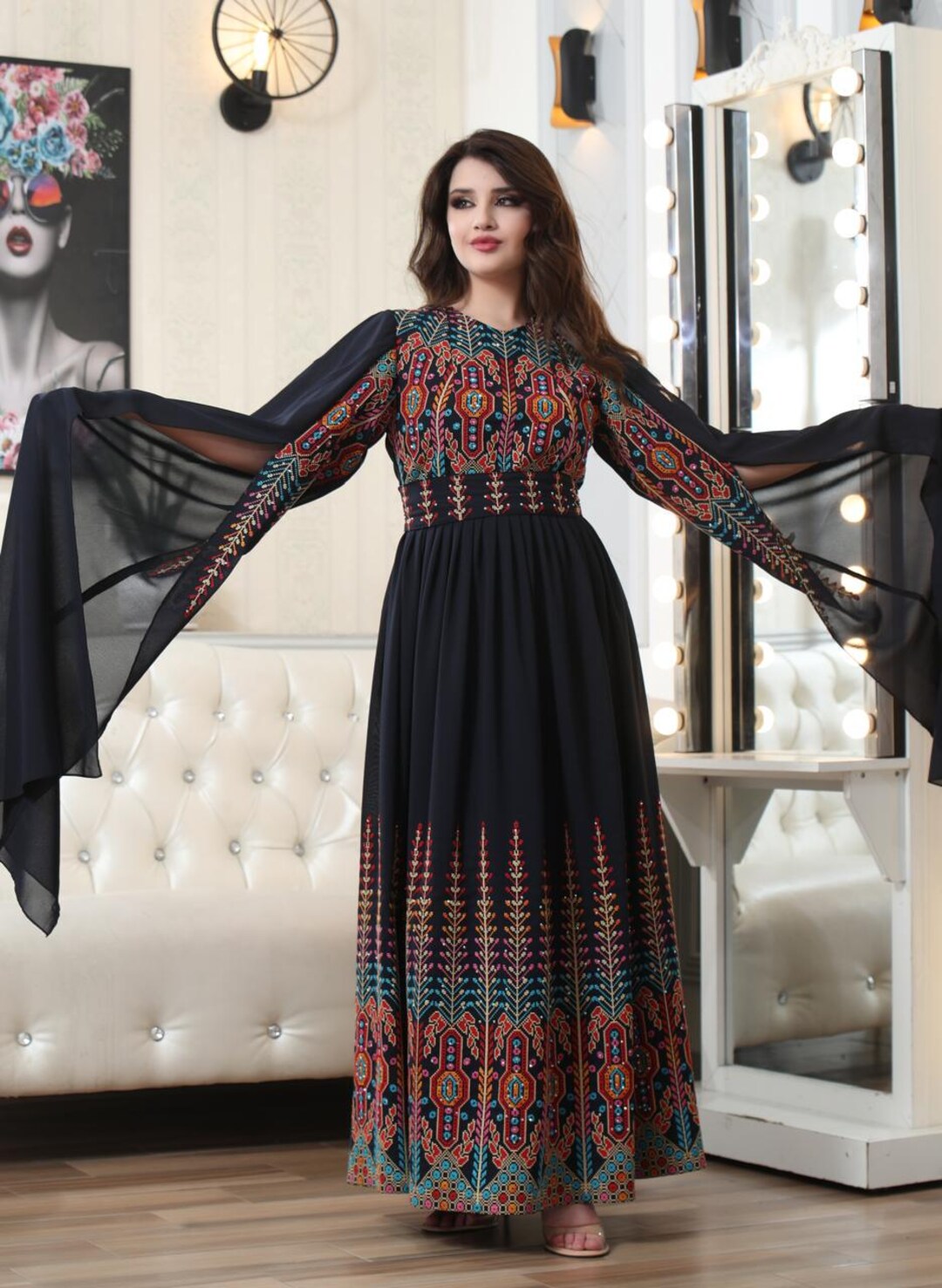 Dark Blue Princess Thobe Embroidered Dress Long Sleeves Kaftan Design ...