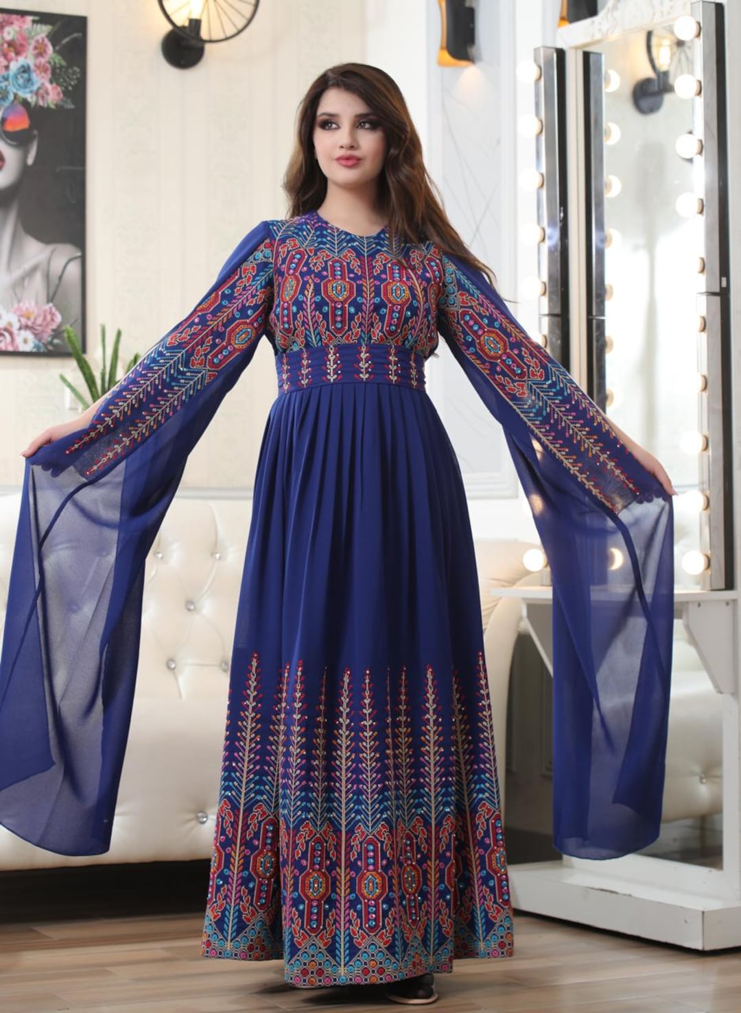 Blue Princess Thobe Embroidered Dress Long Sleeves Kaftan Design and ...