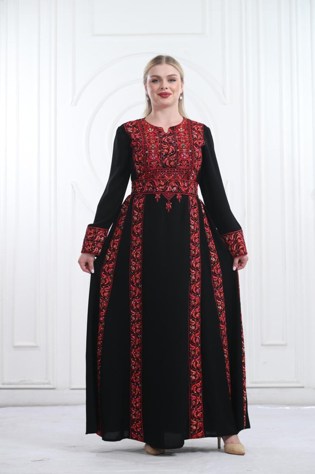 Thobe Embroidered Palestinian/jordanian Maxi Dress Long Sleeves Kaftan ...