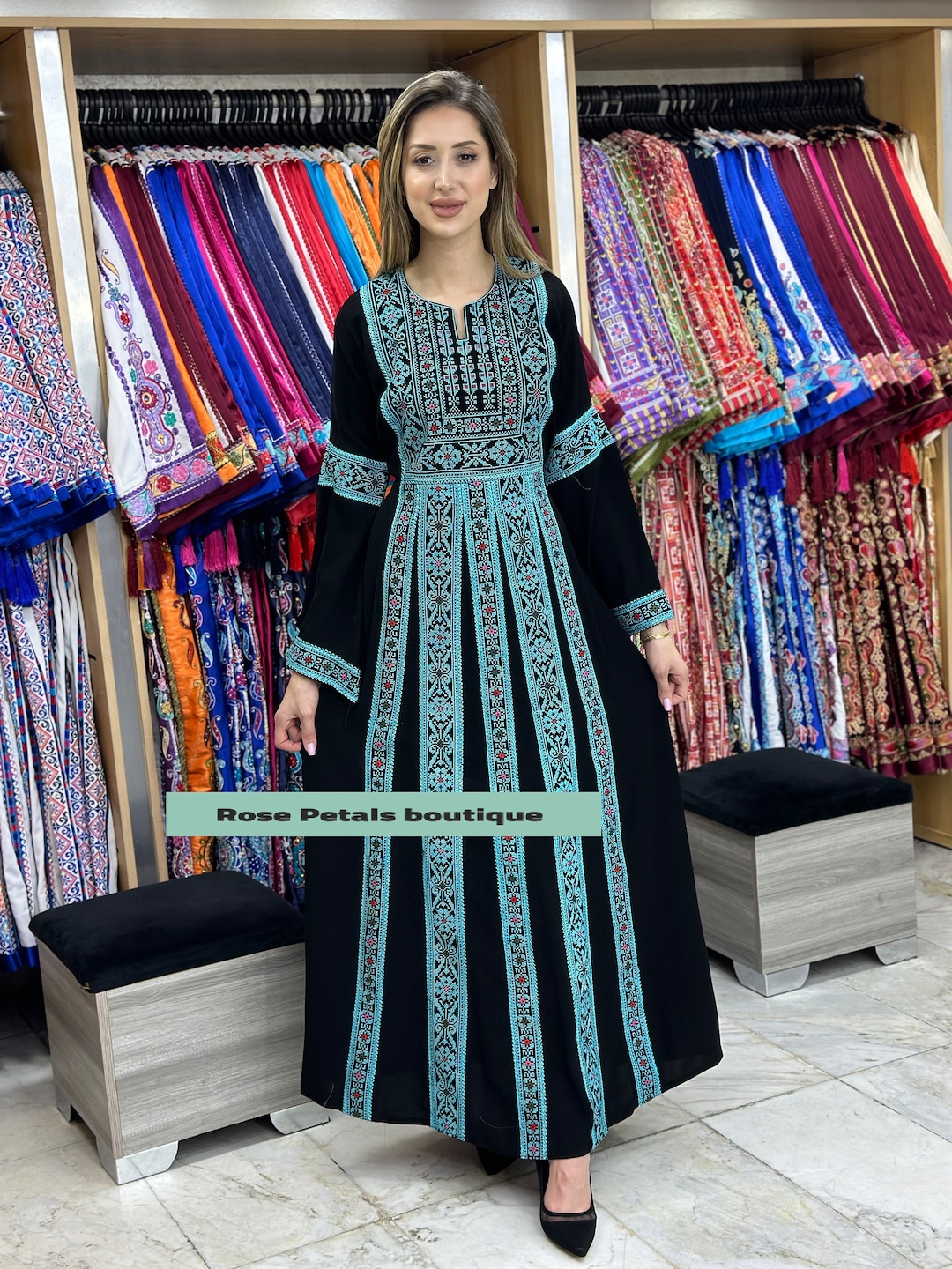 Thobe Embroidered Palestinian Maxi Dress Long Sleeves Kaftan ...