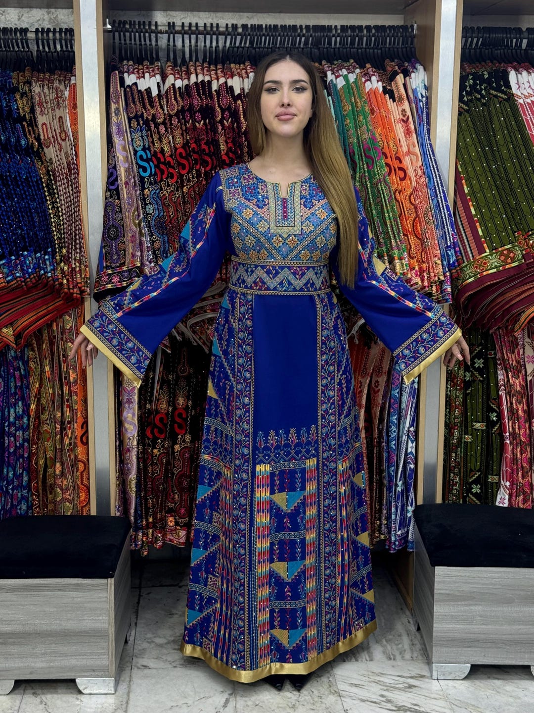 Princess Thobe Embroidered Palestinian Maxi Dress Long Sleeves Kaftan ...