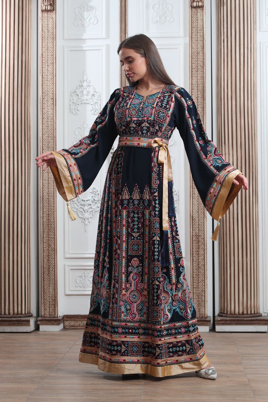 Navy Blue Thobe Embroidered Palestinian/jordanian Maxi Dress Long ...