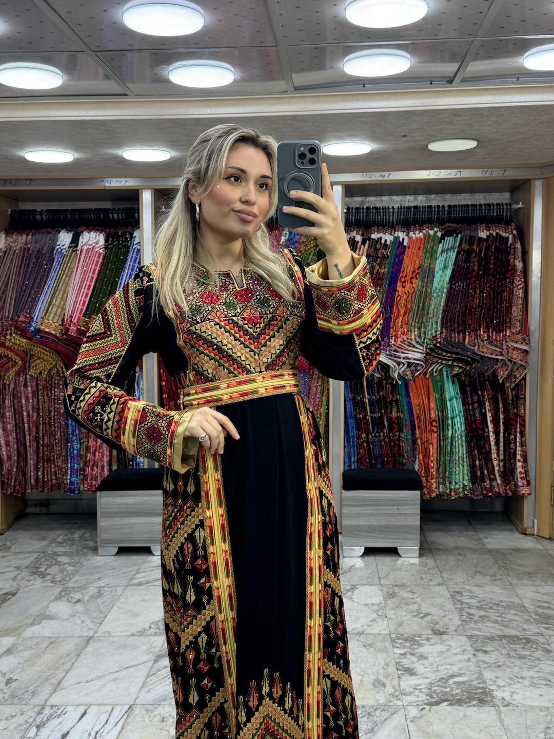 Velvet Thobe Embroidered Palestinian Maxi Dress Long Sleeves Kaftan ...