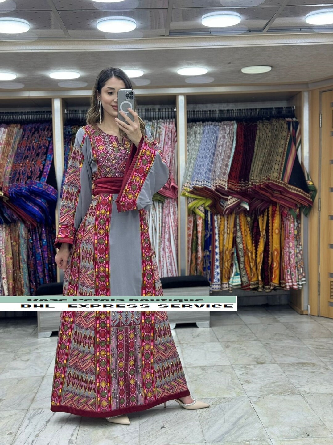Princess Thobe Embroidered Palestinian Maxi Dress Long Sleeves Kaftan ...