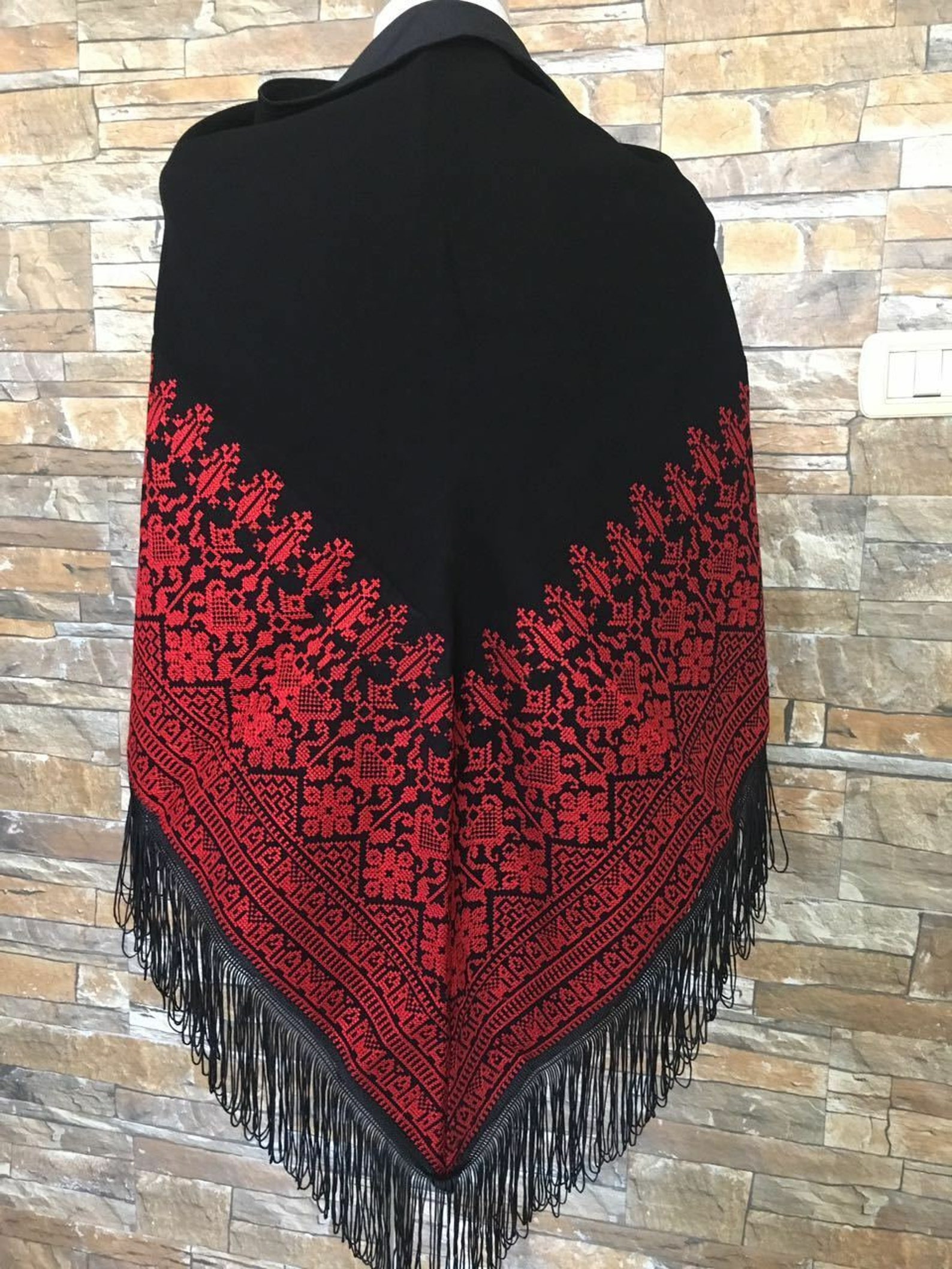 Black Shawl / Poncho/ Wrap With Red Palestinian Stitch / | Etsy