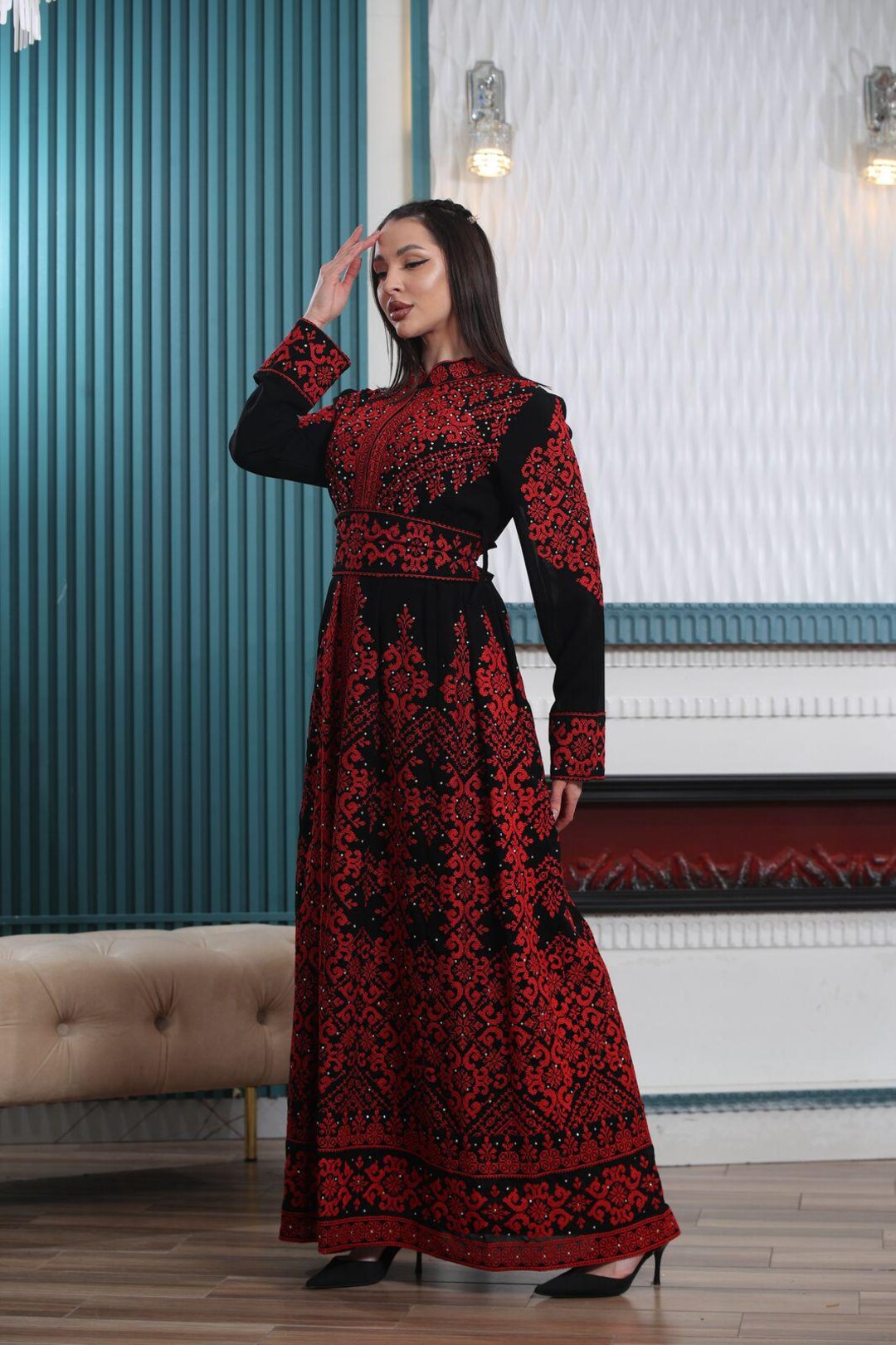 Princess Thobe Embroidered Palestinian Maxi Dress Long Sleeves Kaftan ...