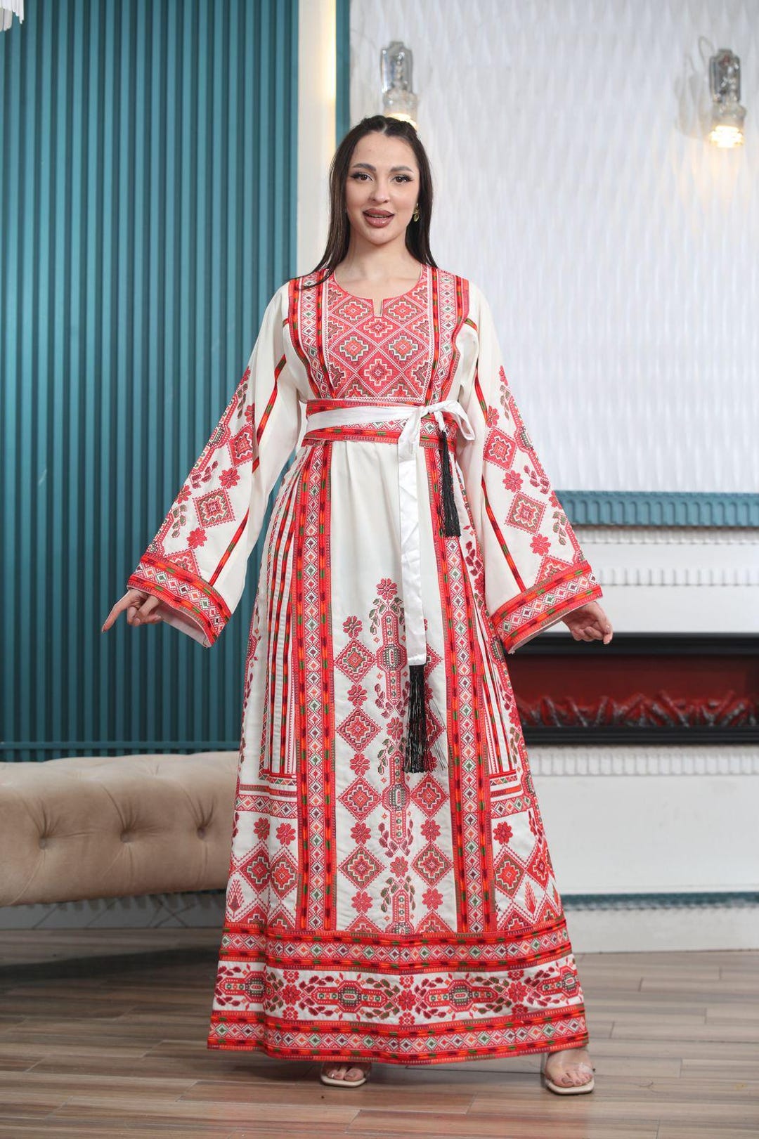 Princess Thobe Embroidered Palestinian Maxi Dress Long Sleeves Kaftan ...