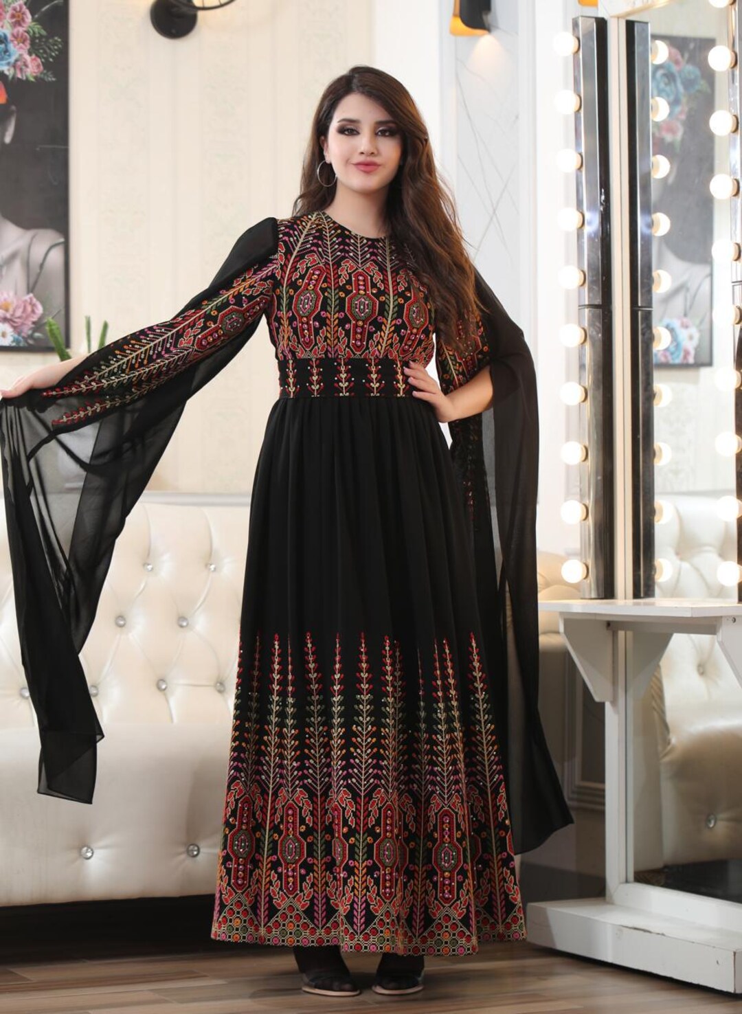Black Princess Thobe Embroidered Dress Long Sleeves Kaftan Design and ...
