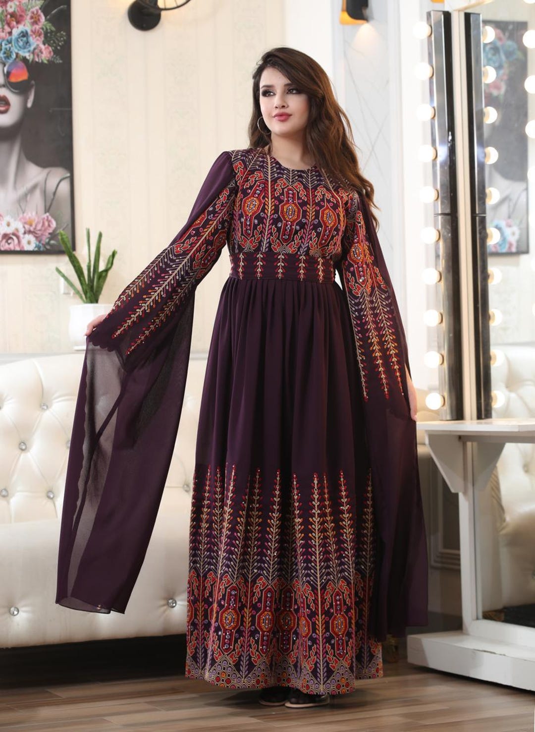 Purple Princess Thobe Embroidered Dress Long Sleeves Kaftan Design and ...