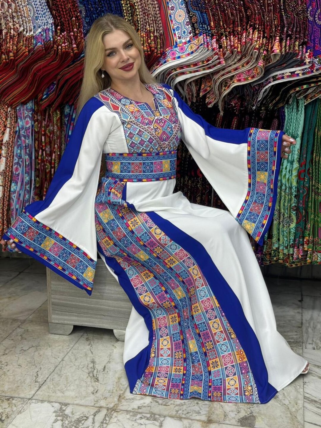 Princess Thobe Embroidered Palestinian Maxi Dress Long Sleeves Kaftan ...