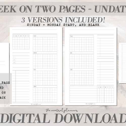 Printable Horizontal Week on Two Page Planner Insert Weekly - Etsy