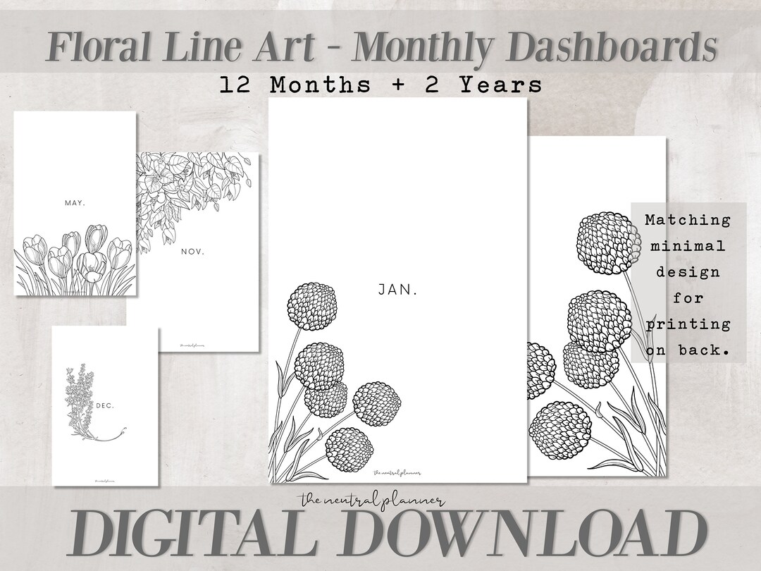Personal Wide Size | Floral Line Art Monthly Planner Dashboards ...