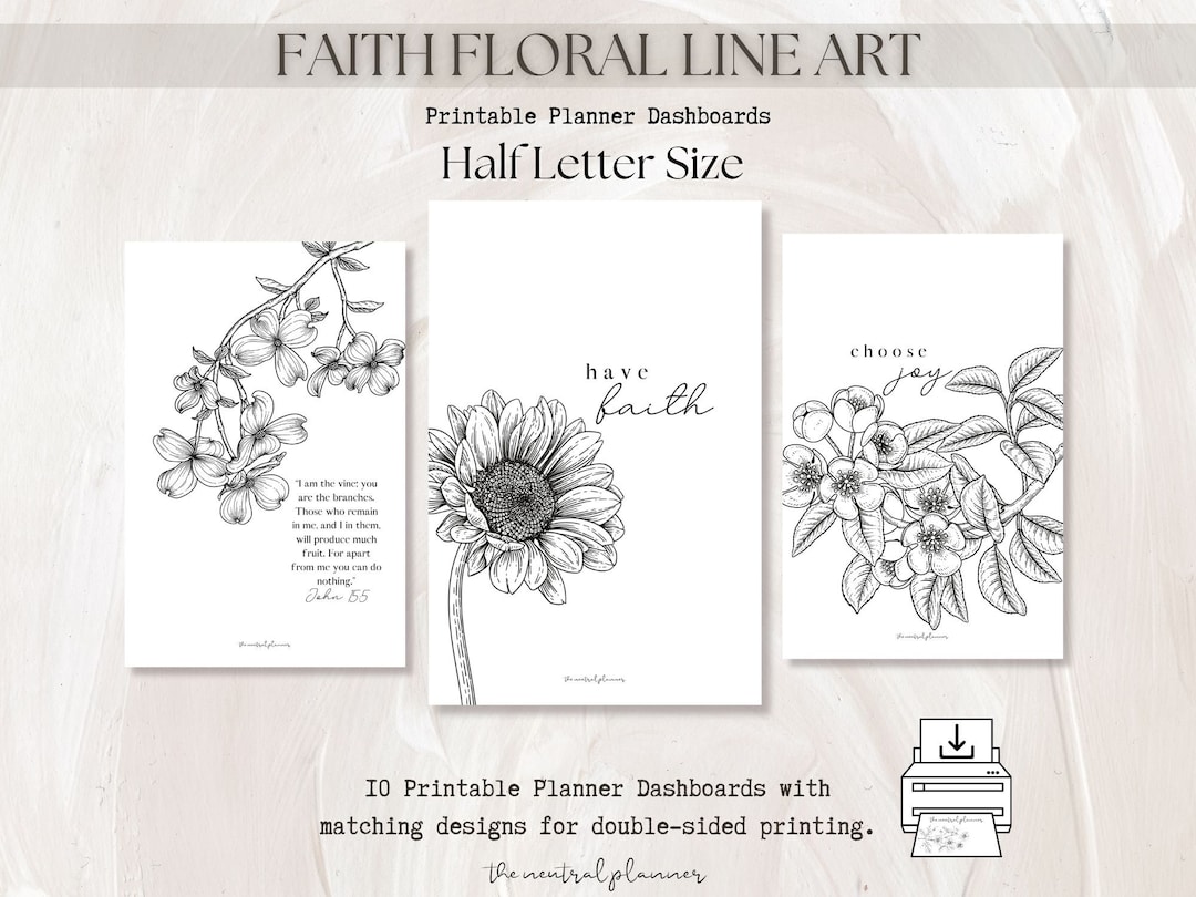 Half Letter Faith Floral Line Art Printable Planner Dashboards | Half ...