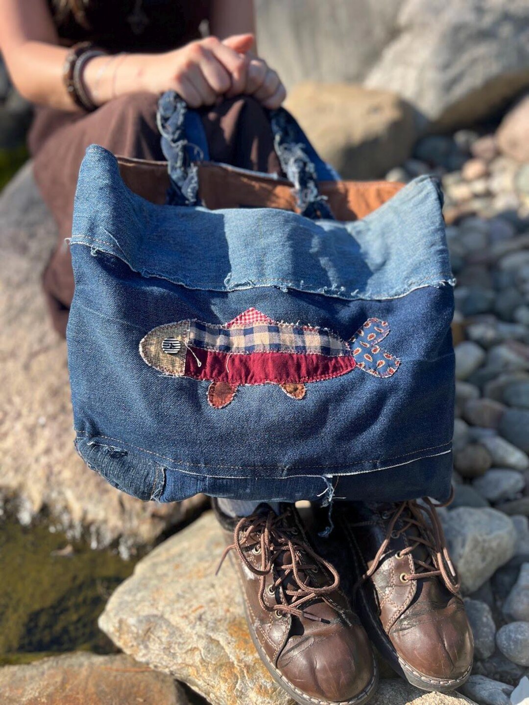 Fish Patchwork Tote Bags, Denim Collage, Handmade - Etsy