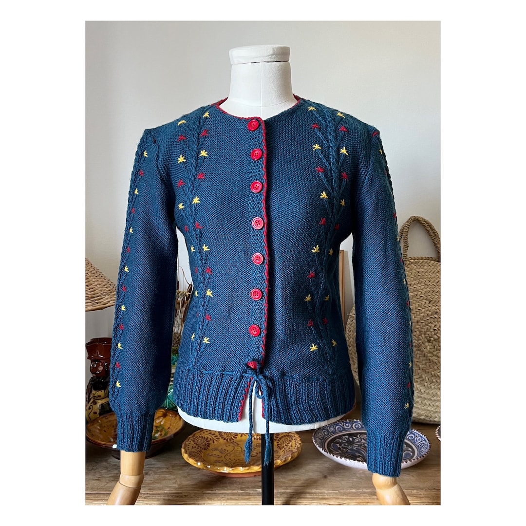 Blue Hand Knitted Floral Patterned Vintage Austrian Folk Cardigan ...