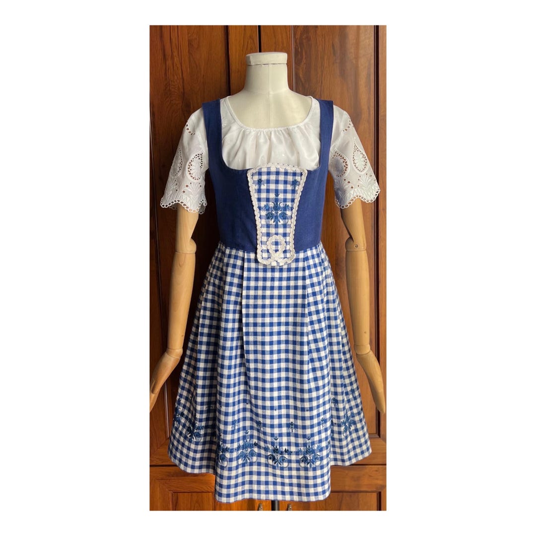 Blue and White Plaid Patterned Austrian Dirndl Dress With Cropped Top ...