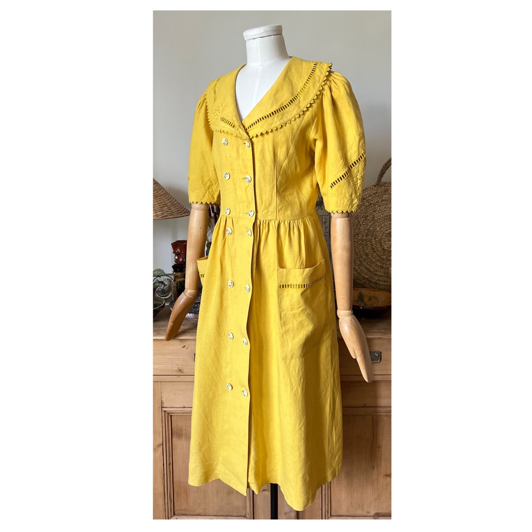 Yellow Linen Embroidered Vintage Austrian Folk Dress / Romantic ...