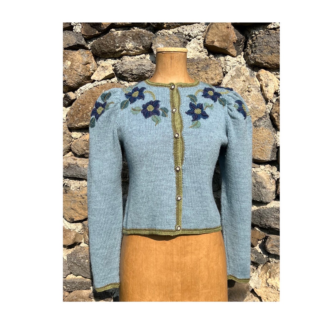 Vintage Blue Hand Knitted Floral Patterned Puff Sleeved Traditional ...