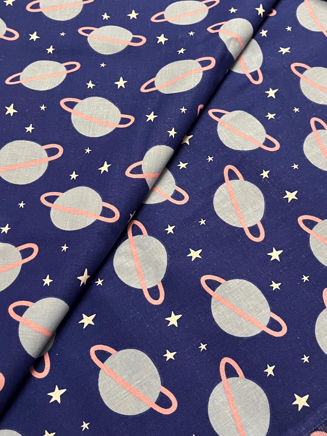 Saturn & Stars Cotton Fabric: Dark Blue Space Age Quilt Material - Etsy