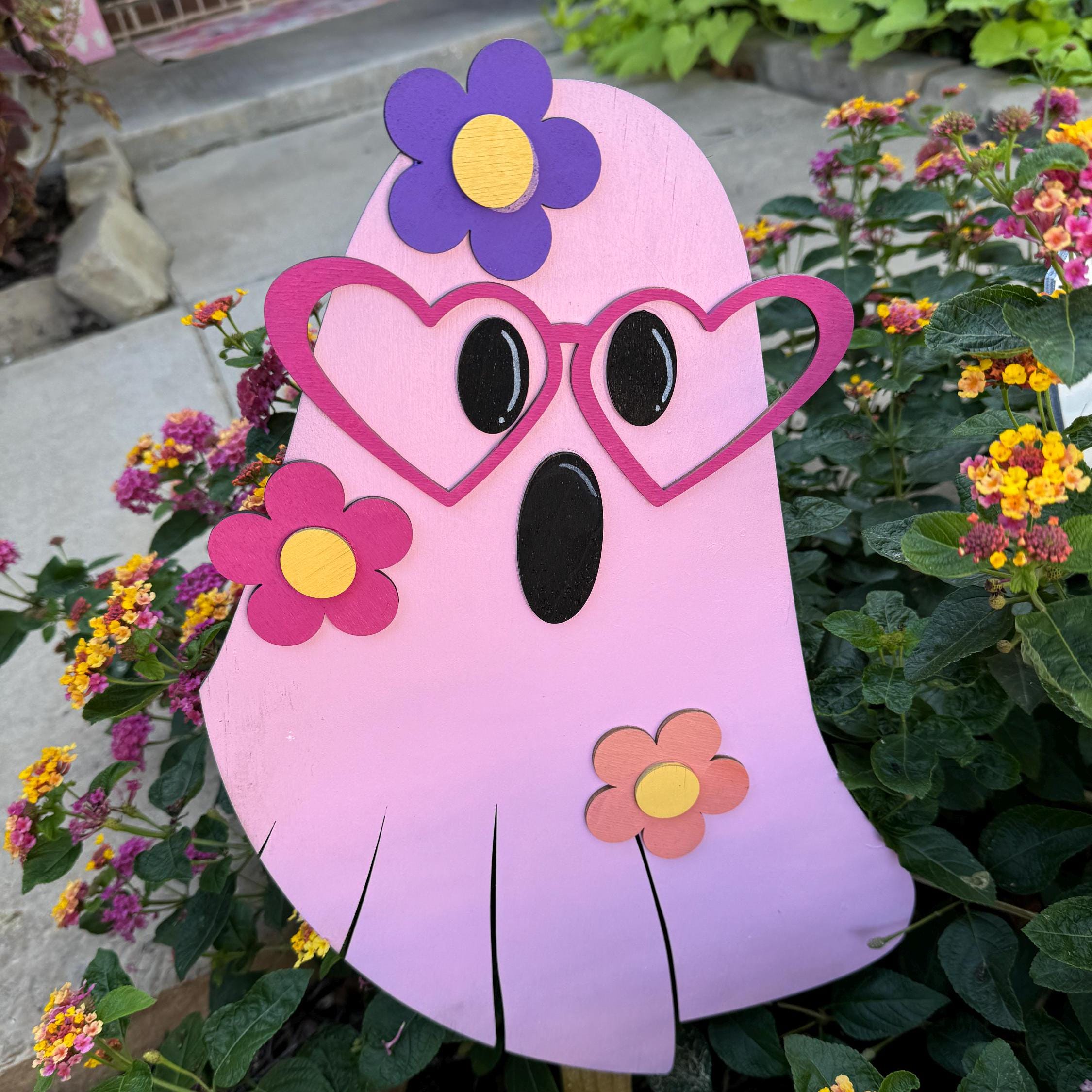 Pink Ghost and Pumpkin Yard Art Set Adorable Fall and Halloween Decor ...