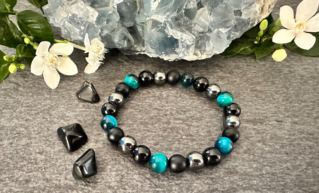 Black Tourmaline, Blue Tiger Eye, Onyx & Hematite Bracelet. Protection ...