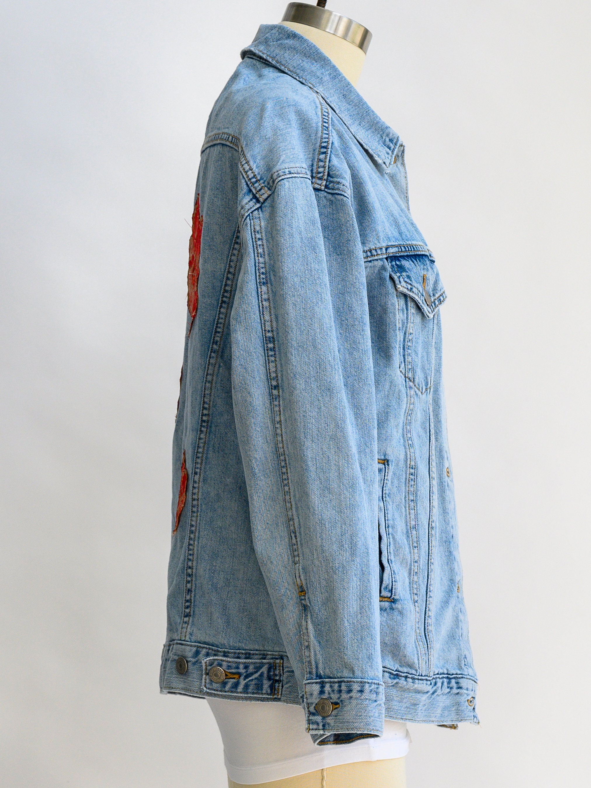One-of-a-kind Red Floral Denim Jacket Embellished With Repurposed ...