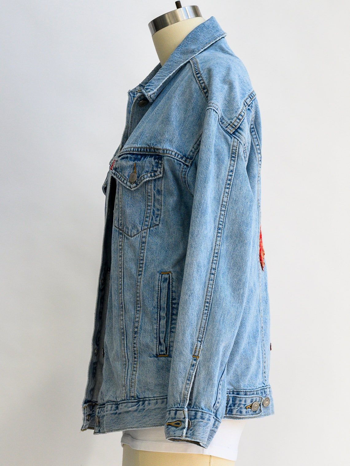 One-of-a-kind Red Floral Denim Jacket Embellished With Repurposed ...