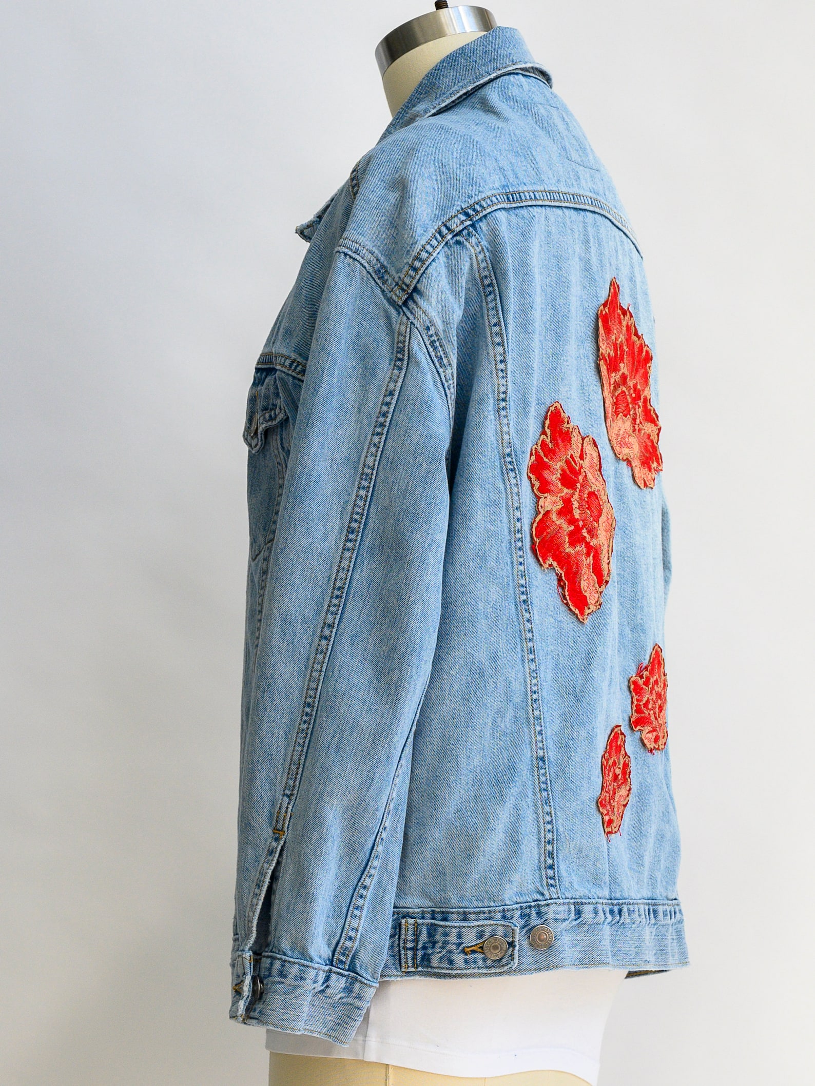One-of-a-kind Red Floral Denim Jacket Embellished With Repurposed ...