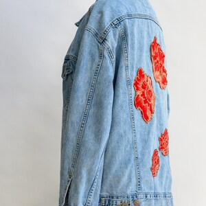 One-of-a-kind Red Floral Denim Jacket Embellished With Repurposed ...