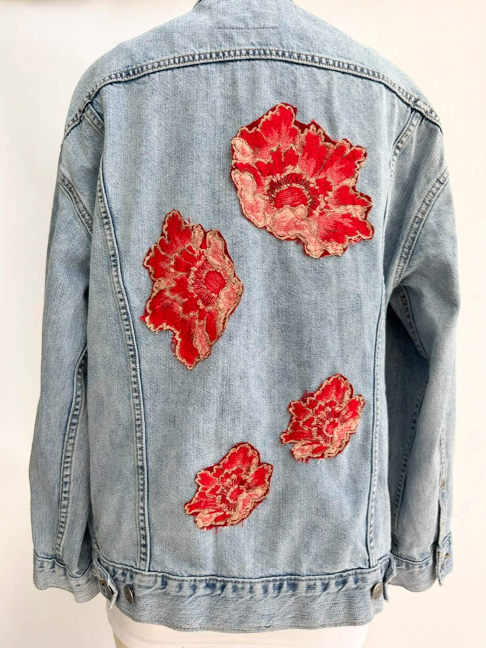 One-of-a-kind Red Floral Denim Jacket Embellished With Repurposed ...