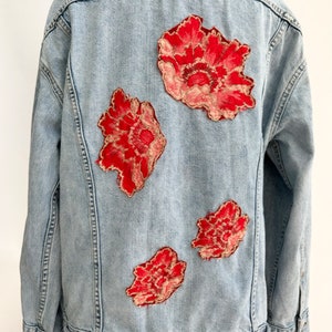 One-of-a-kind Red Floral Denim Jacket Embellished With Repurposed ...