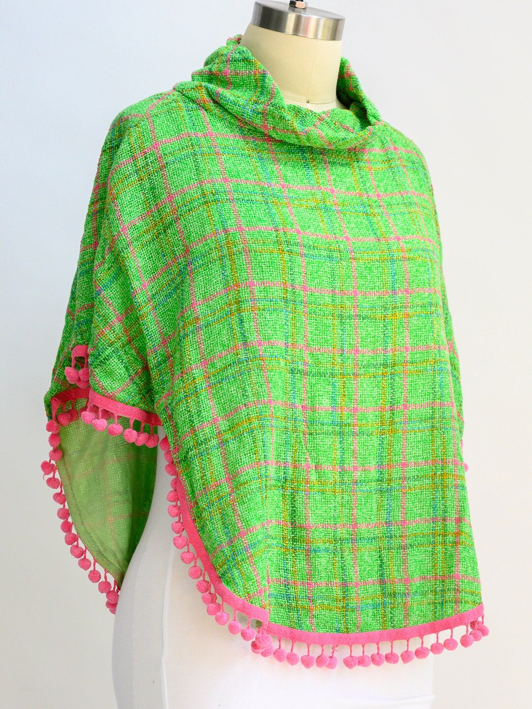Vintage Handmade Poncho From the 1960s. Adorable Green Shrug With Pink ...