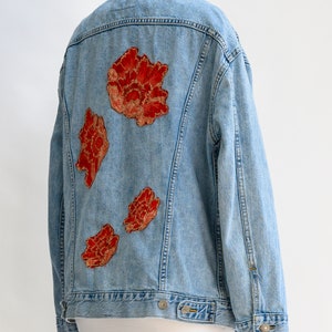 One-of-a-kind Red Floral Denim Jacket Embellished With Repurposed ...