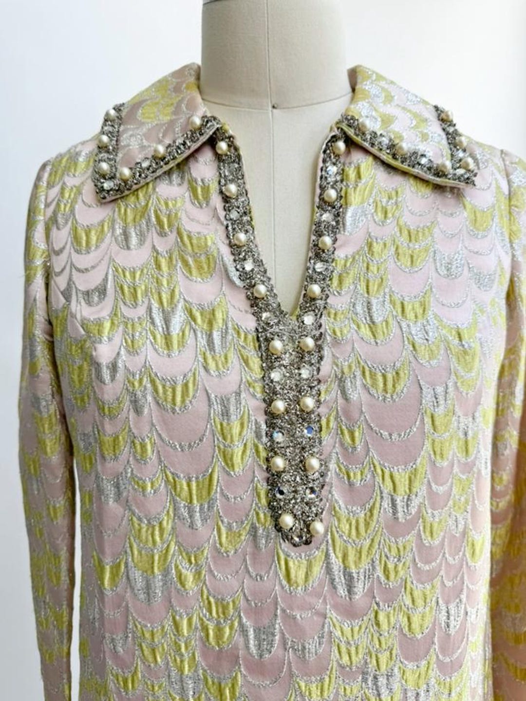 Vintage Gogo Mini Dress From the 1960s. Pink, Green, Silver Brocade ...