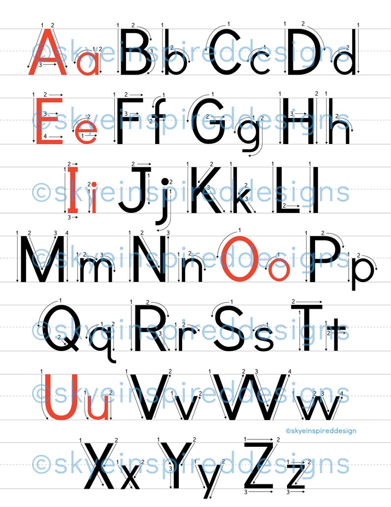 Children's Handwriting Alphabet Guide With Highlighted Vowels - How to ...