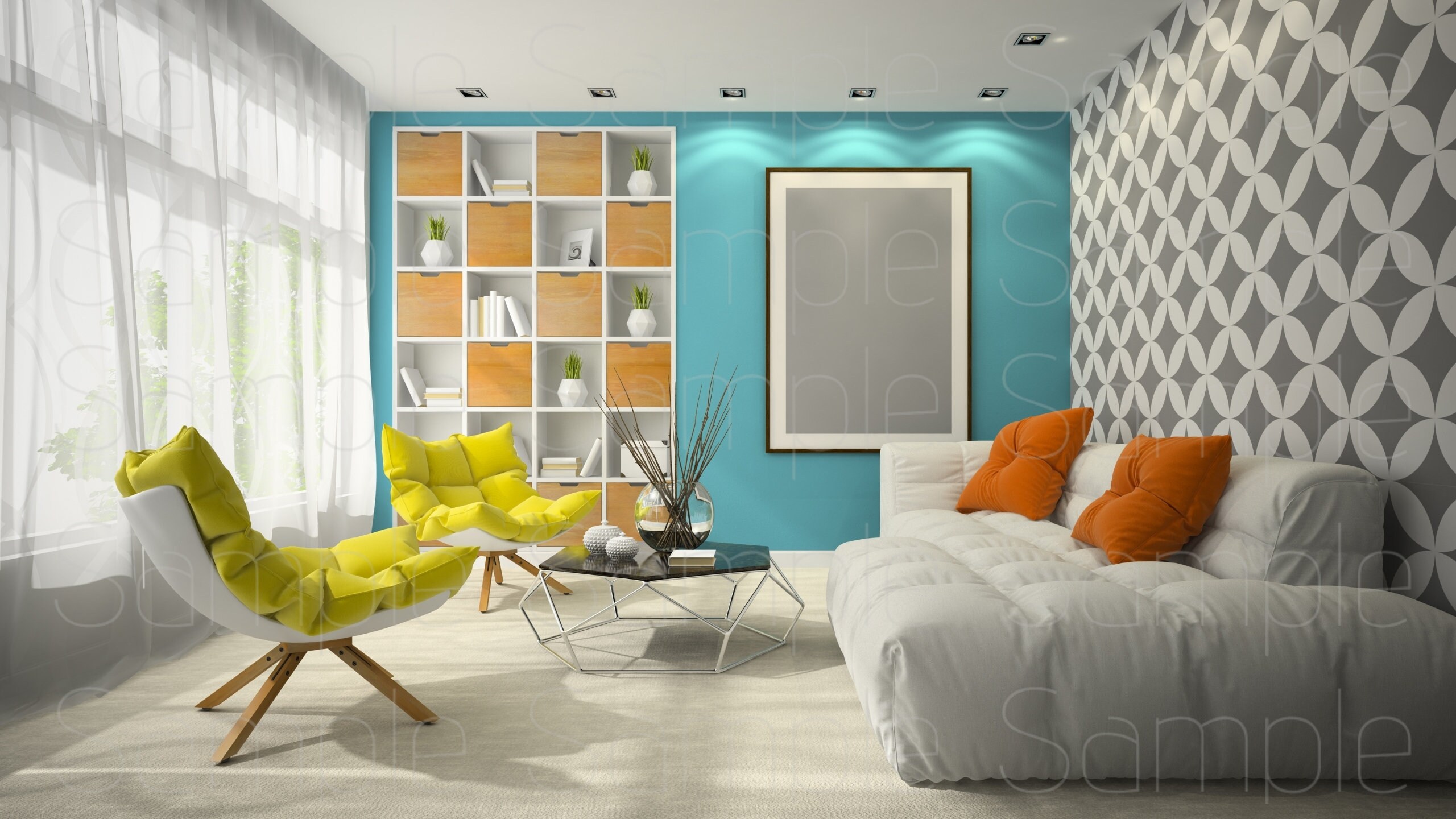 Zoom Background Modern Interior Home White Blue Orange and Yellow ...