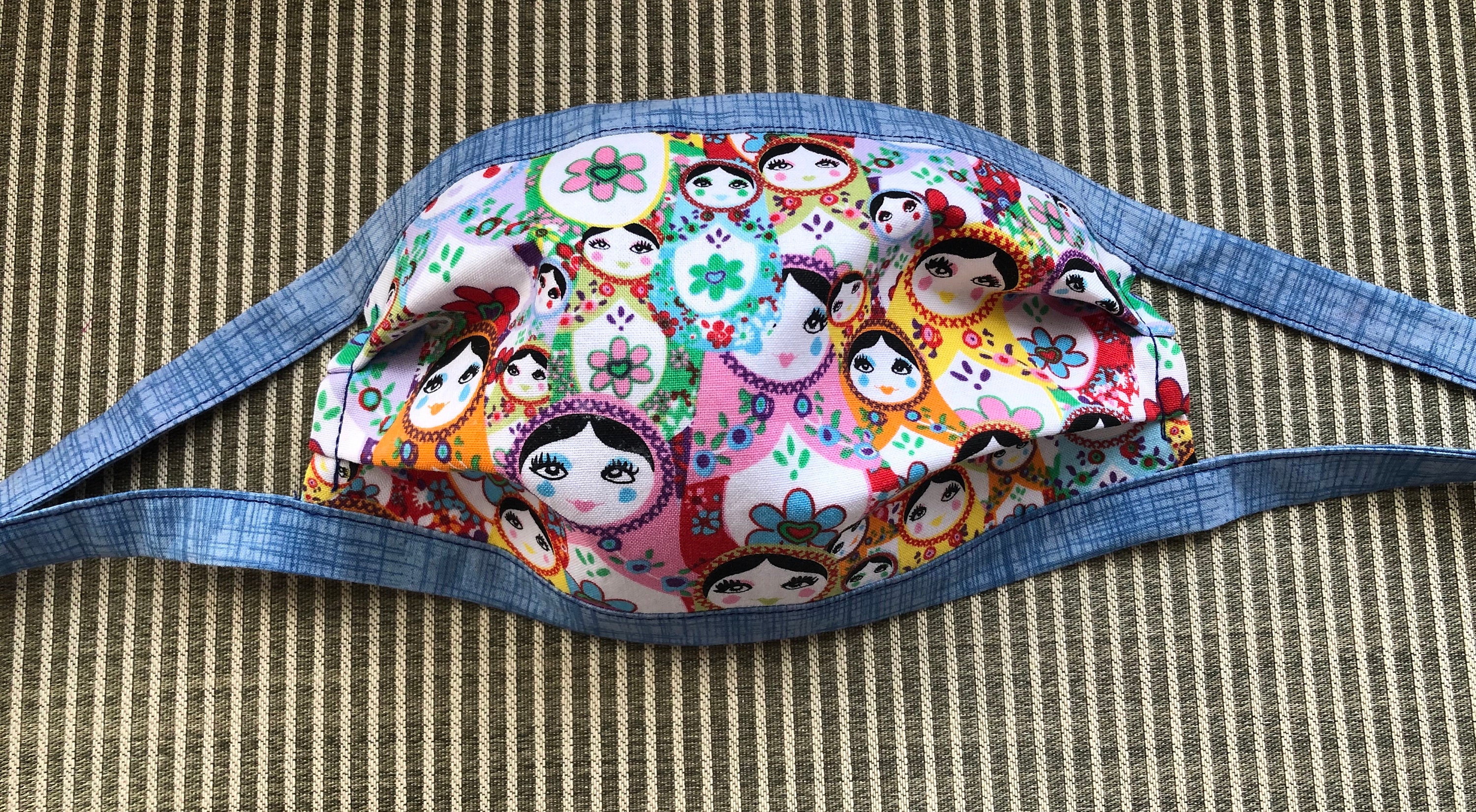 Face Mask Pleated With Ties Russian Matryoshka Doll Novelty Print Blue ...