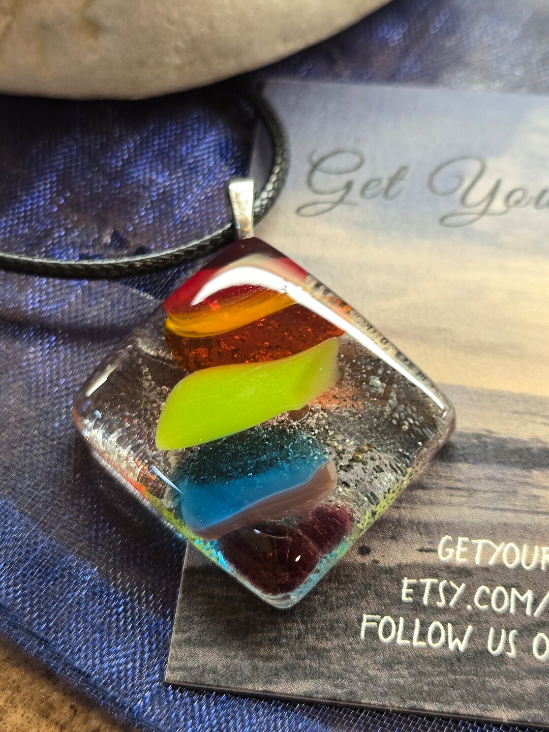 Rainbow Frit Fused Glass Pendant: Handcrafted Leather Cord Necklace - Etsy