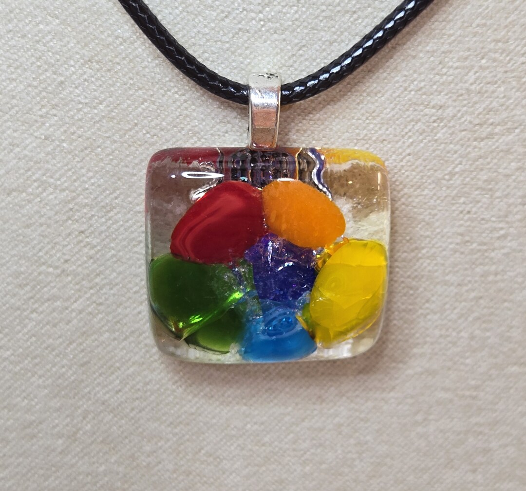 Rainbow Frit Fused Glass Pendant With Black Leather Cord Chain, Jewelry ...