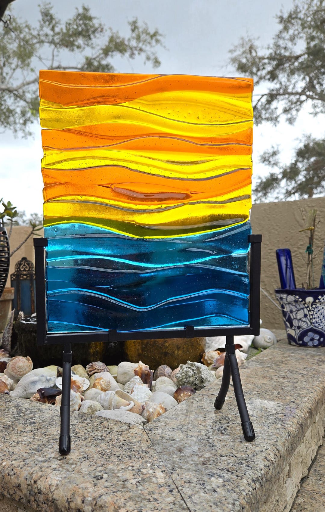 Fused Glass Sunset Suncatcher: Ocean Blues & Orange Glass Art - Etsy