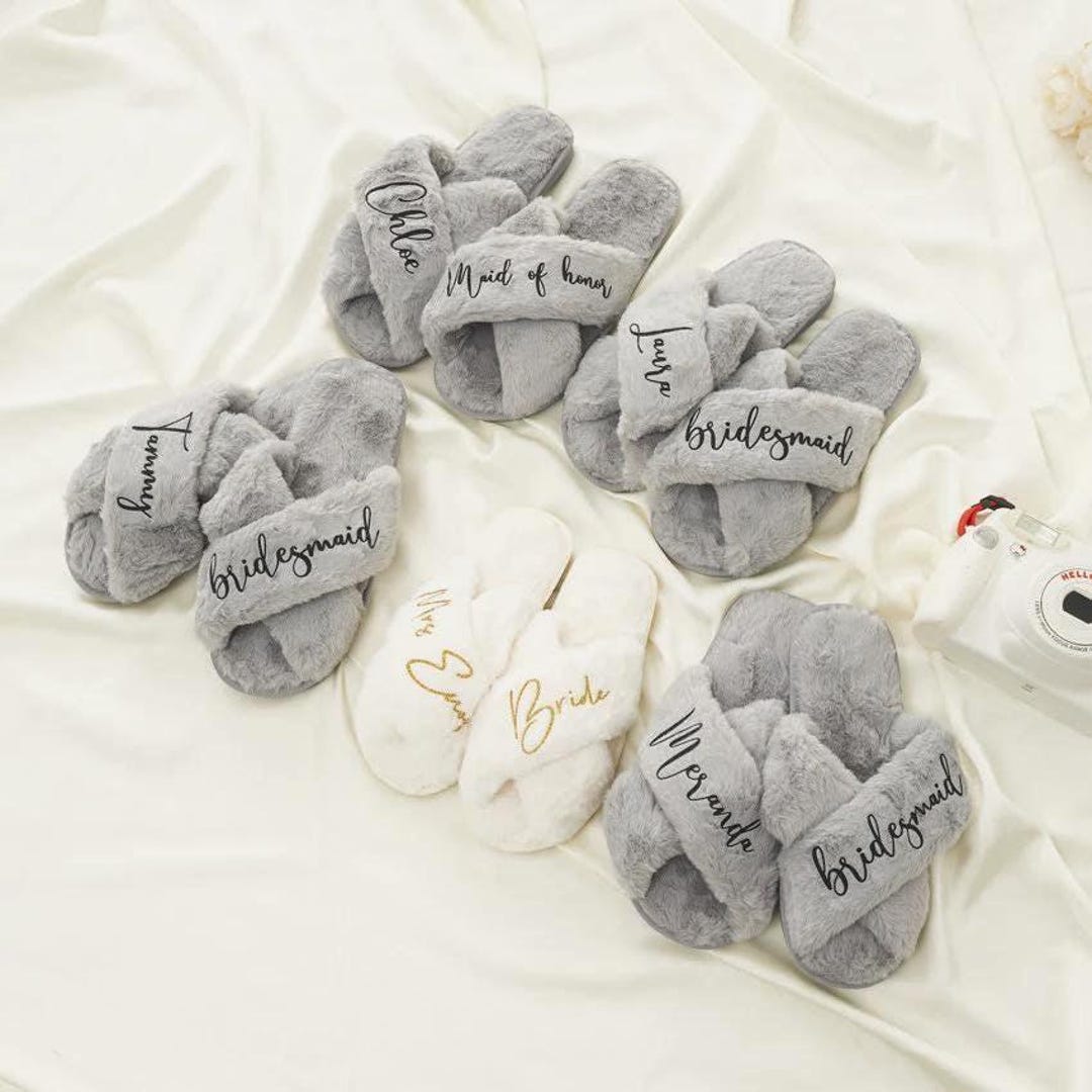 Custom Fluffy Slippers, Fluffy Cross Slippers, Custom Bride Slippers ...